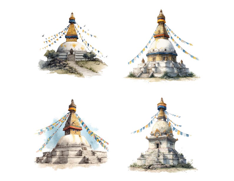 12x Buddhist Stupa PNG Clipart, Watercolor Buddhist Temple Clip Art Set ...
