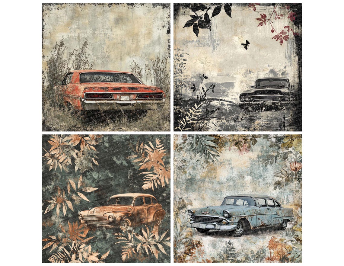 12 Classic Car Digital Papers, Aged Automobile Junk Journal Paper ...