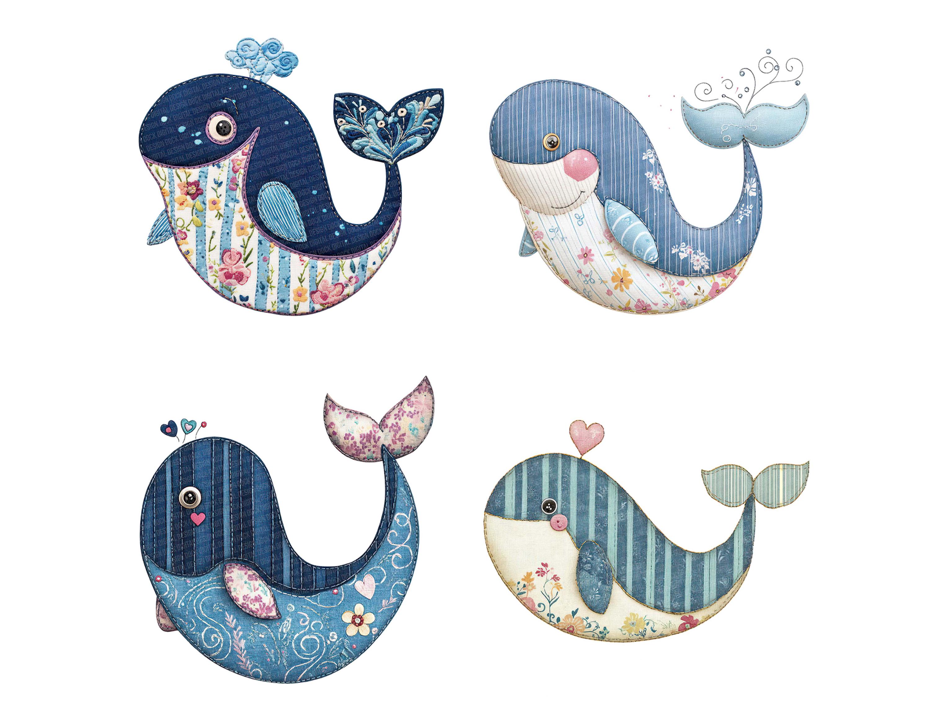 Whale PNG Clipart, 12x Patchwork Ocean Animal Clip Art Set, Printable ...