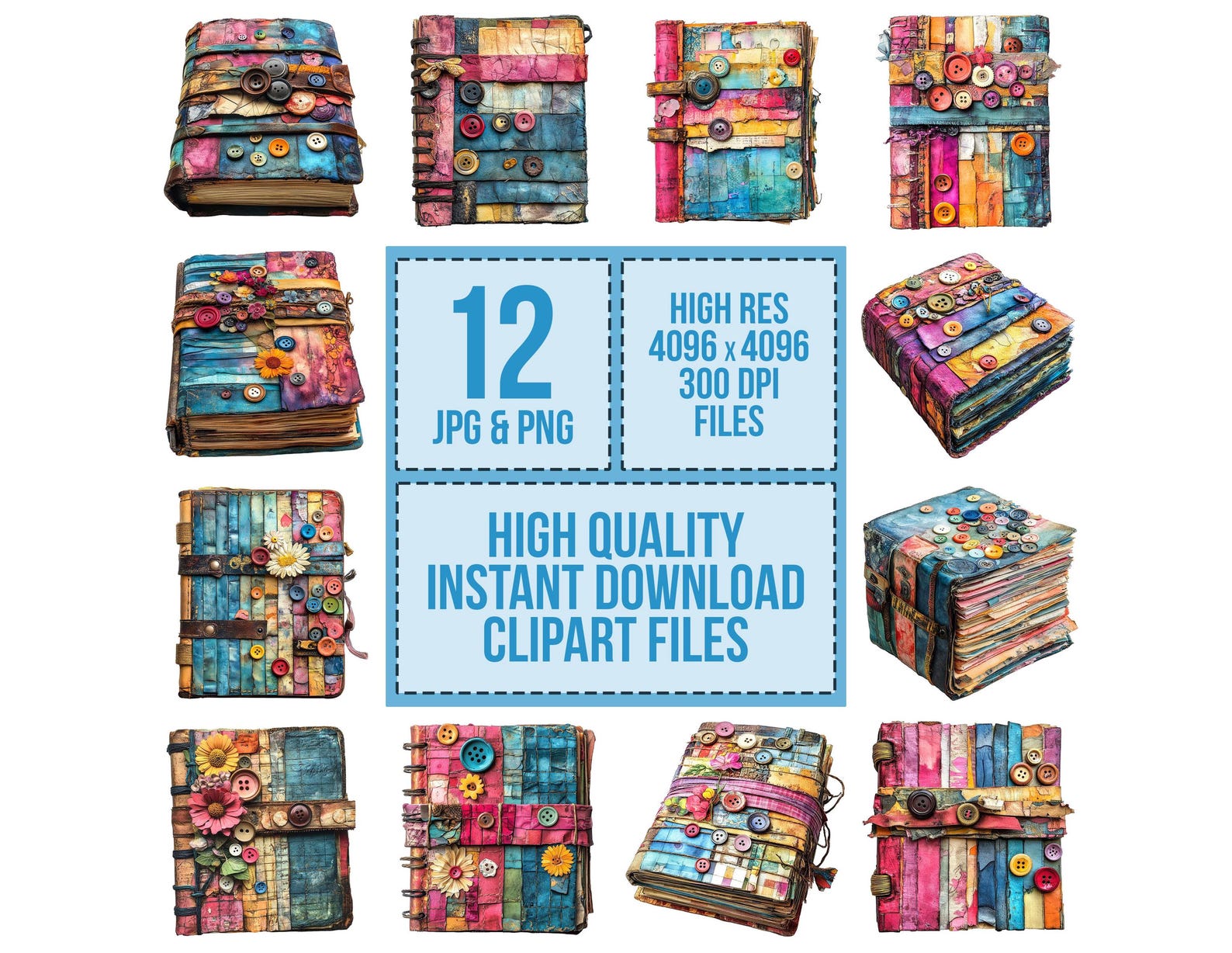 12 Junk Journal Clipart, Vintage Diary Designs, Printable Watercolor ...