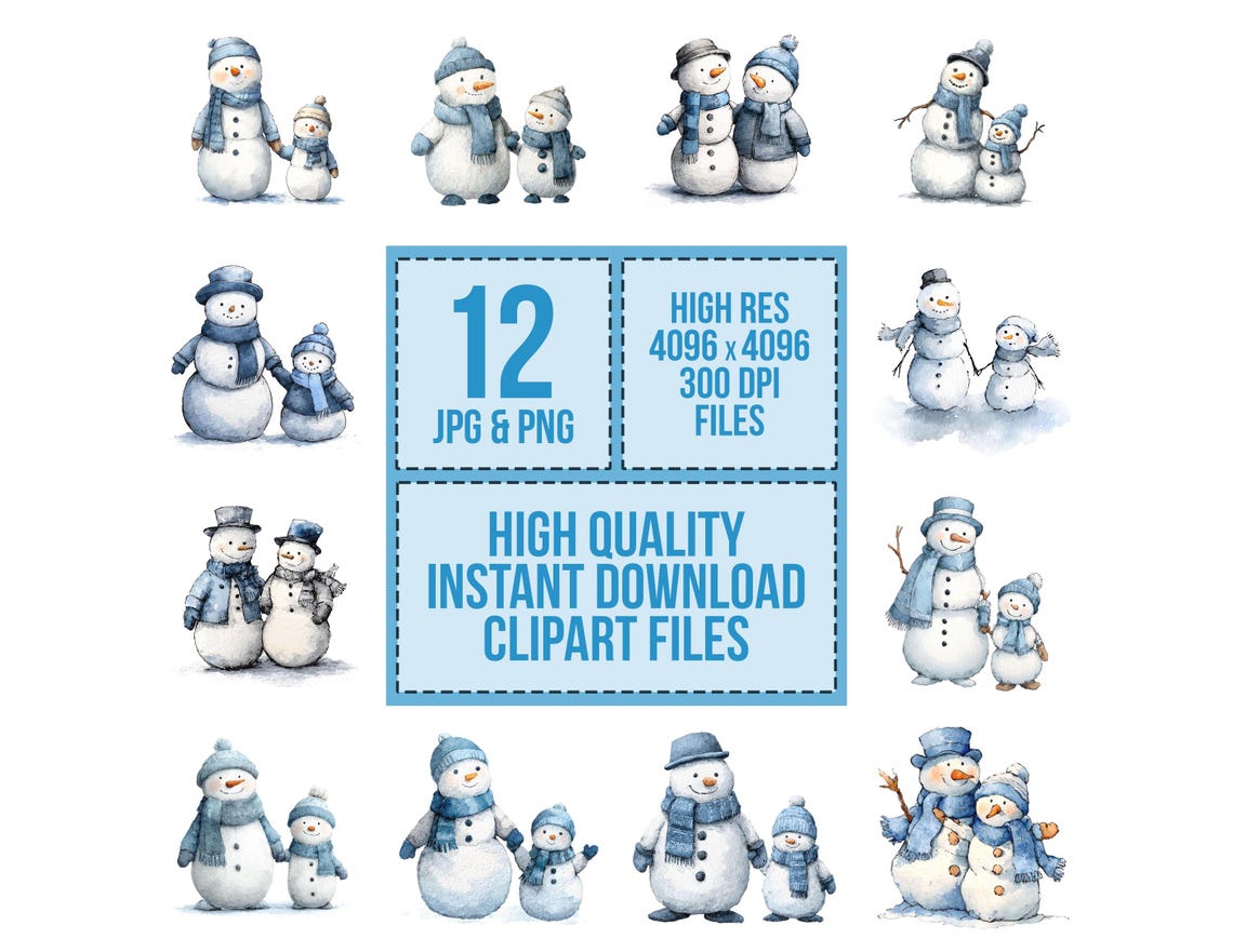 Winter Snowman Clipart, 12x Snowman Family Clip Art Set, Printable ...