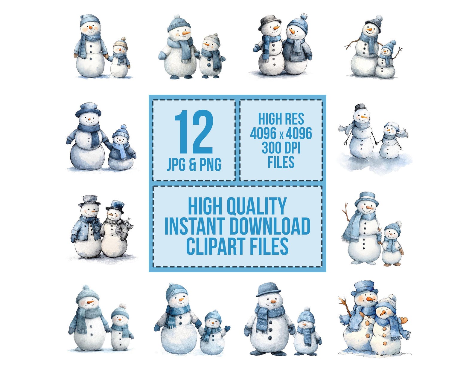 Winter Snowman Clipart, 12x Snowman Family Clip Art Set, Printable ...