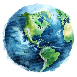 Earth Map Clipart, 12 Jpgs, Planet Earth Watercolor Clipart, Printable ...