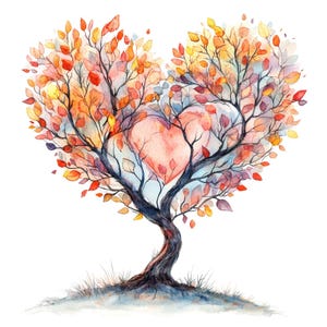 Watercolor Heart Tree Clipart, 12 High Quality Jpgs, Autumn Love Tree ...