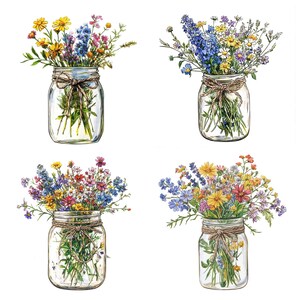 12x Floral Mason Jar PNG Clipart, Watercolor Wildflower Clip Art Set ...