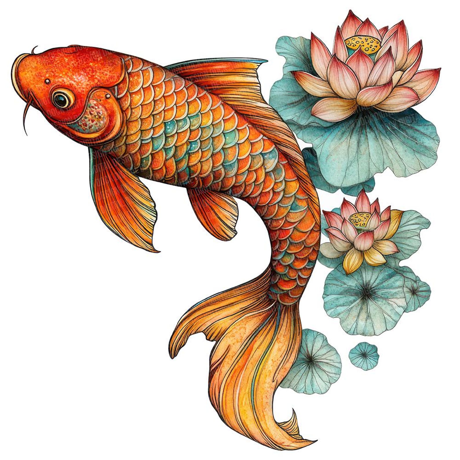 Folk Koi Fish Clip Art, 12x Koi With Lotus PNG Clipart Set, Watercolor ...