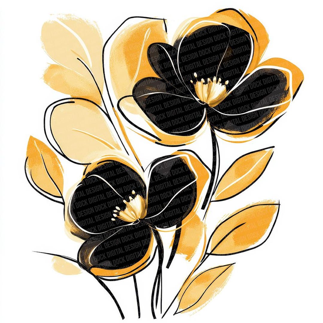 Black & Gold Floral Clip Art, 12x Modern Flowers PNG Clipart Set ...