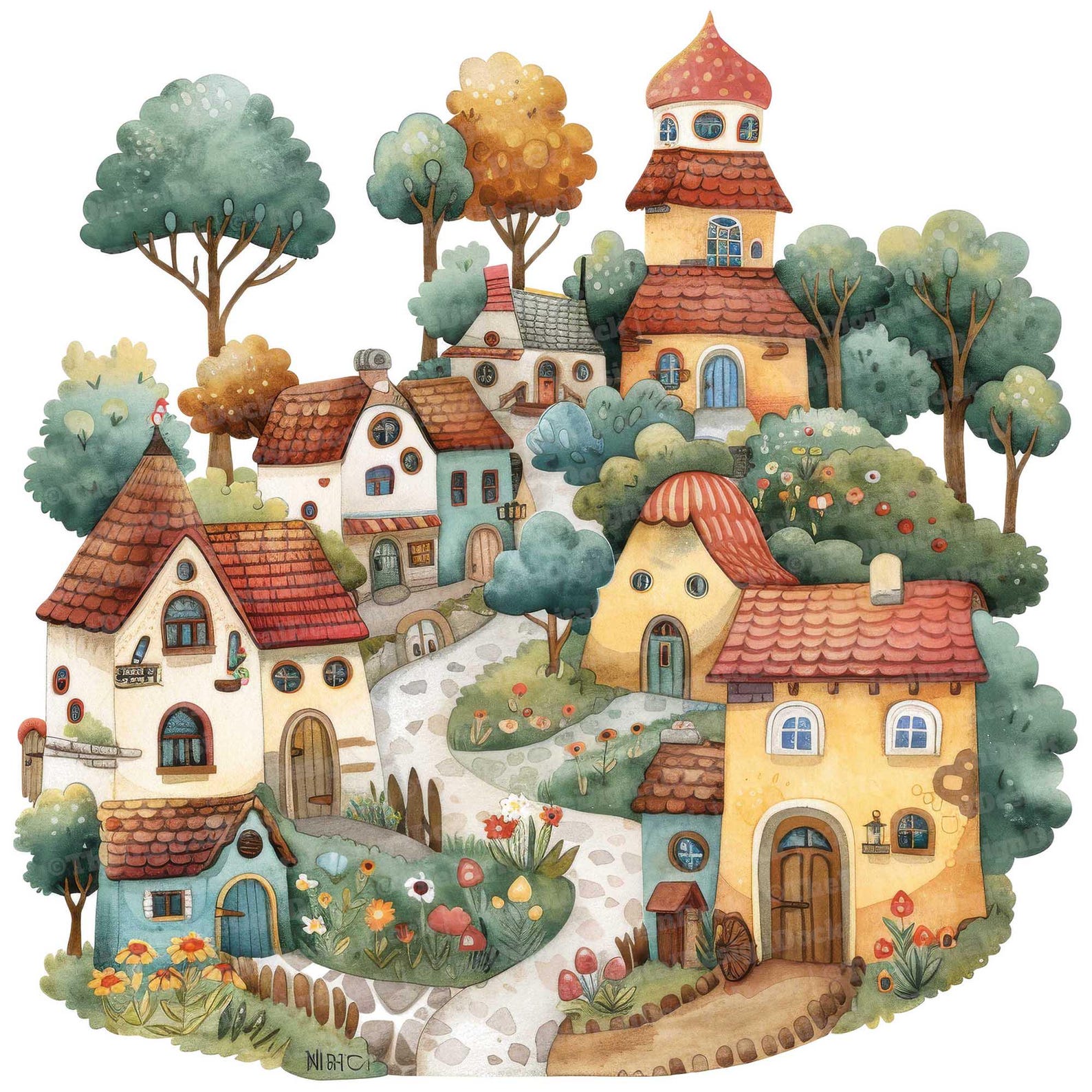12 Fairy Tale Town Clipart, Watercolor Whimsical Houses Clipart ...