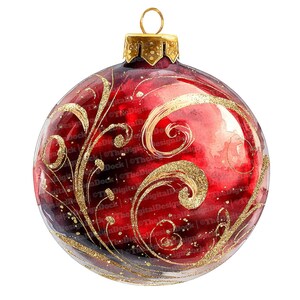 12 Red Christmas Ornament Clipart, Watercolor Baubles With Gold Swirls ...