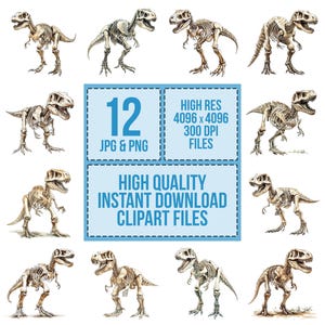T-rex Skeleton PNG Clipart, 12x Dinosaur Fossil Clip Art Set, Rintable ...