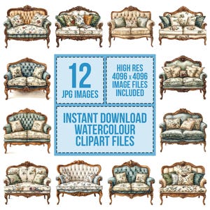 12 Vintage French Provincial Sofa Clipart, Antique Couch Watercolor ...