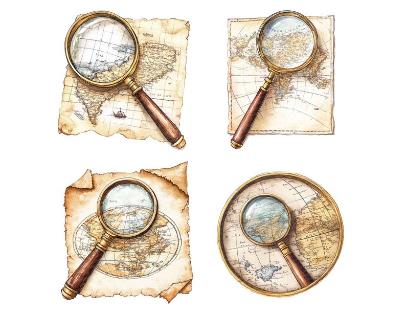 Magnifying Glass PNG Clipart, 12x Vintage Map Clip Art Set, Printable ...