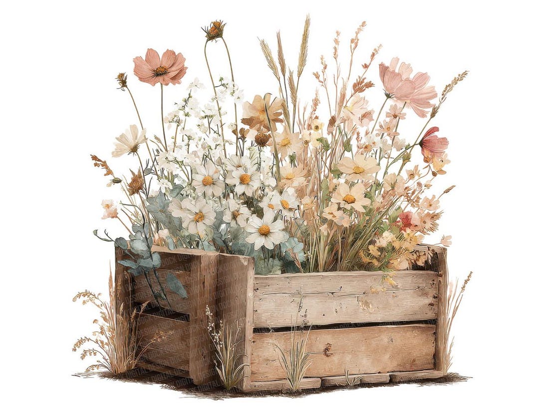 Wildflower Crate Clipart, 12x Wooden Flower Box Clip Art Set, Printable ...