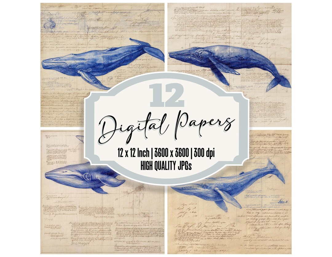 12x Sketch Blue Whale Junk Journal Paper Marine Digital Paper Pack ...