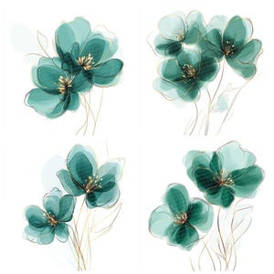 12x Green Flowers Clip Art, Emerald Green Watercolor Floral Clipart ...