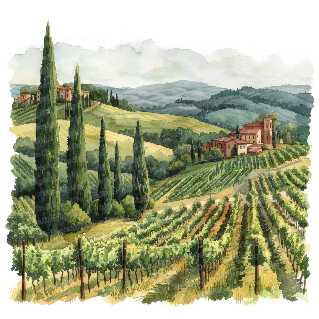 Tuscan Vineyard Clipart, 12 Jpgs, Italy Countryside Clipart, Printable ...