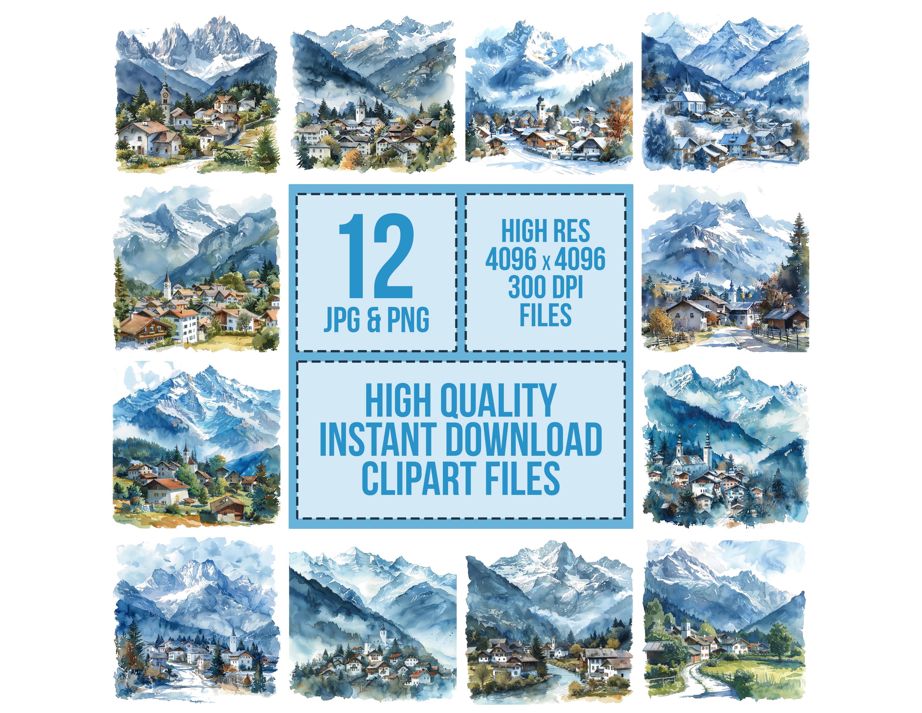 Swiss Alps Village Clipart, 12x Mountain Town Clip Art Set, Printable ...