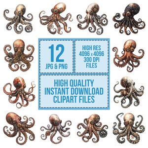 Steampunk Octopus PNG Clipart, 12x Mechanical Kraken Clip Art Set,printable Watercolor ...