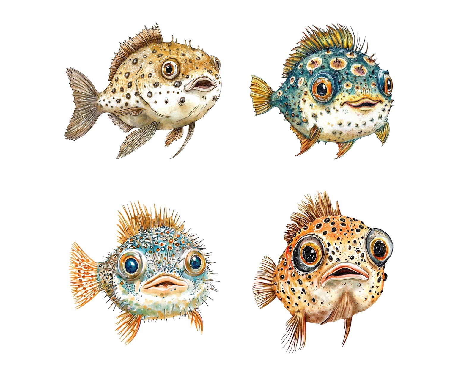 Pufferfish PNG Clipart, 12x Watercolor Fish Illustration Set, Ocean ...