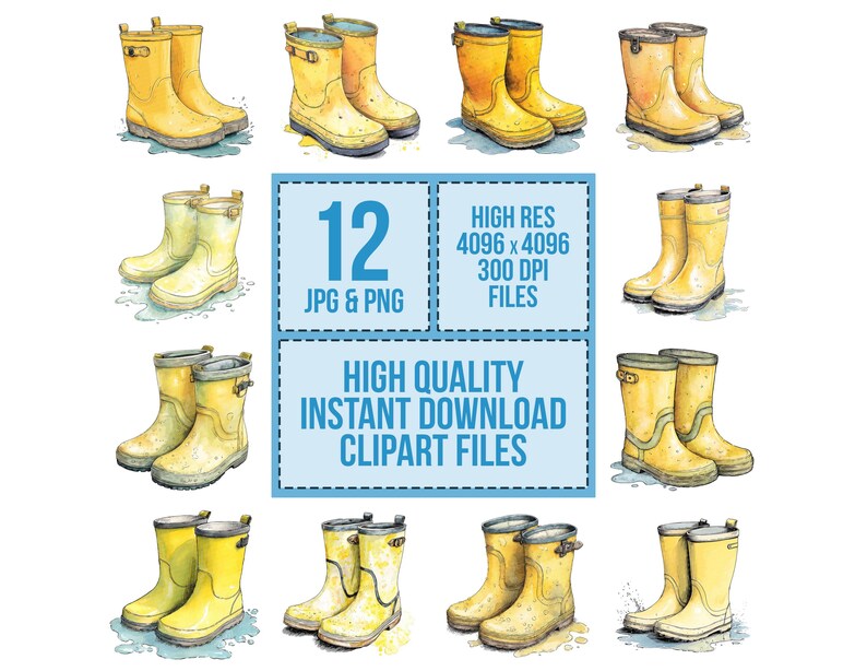 12x Yellow Boots PNG Clipart, Watercolor Rain Boots Clip Art Set, Printable Rubber Boot ...