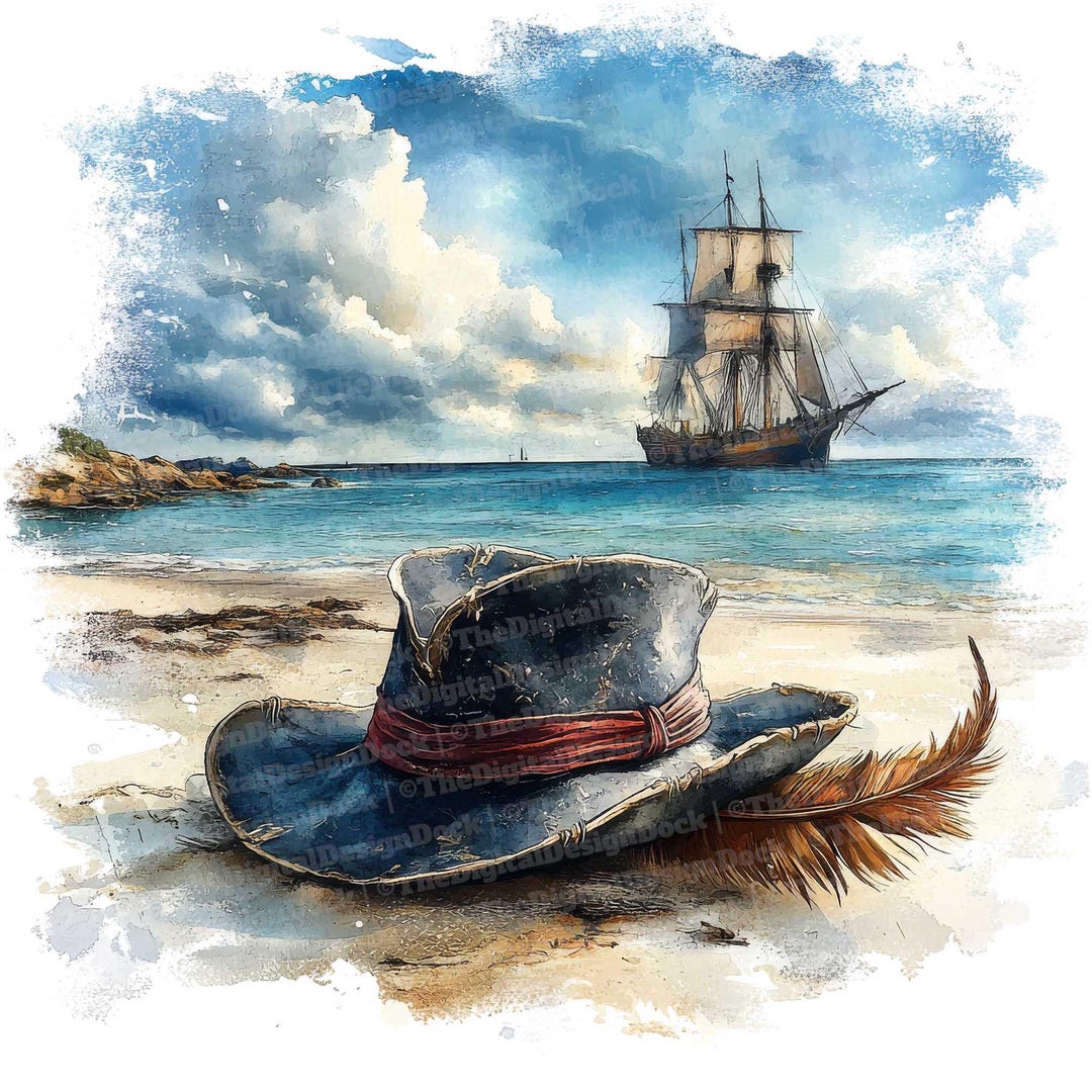 12 Pirate Hat on Beach Clipart, Watercolor Pirate Ship Art, Printable ...