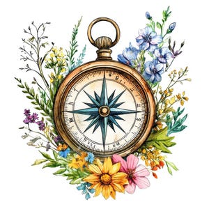 12x Compass With Flowers PNG Clipart, Vintage Travel Clip Art Set ...