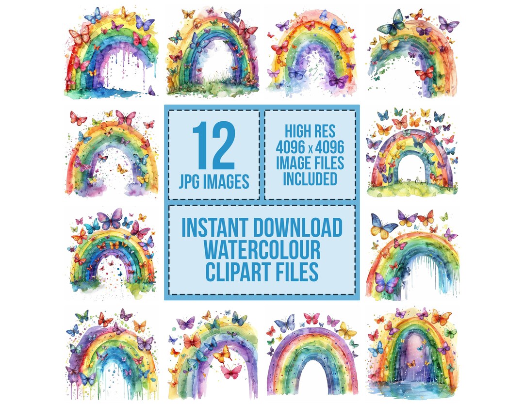 12 Rainbow Butterfly Clipart, Watercolor Rainbow Clipart, Printable ...