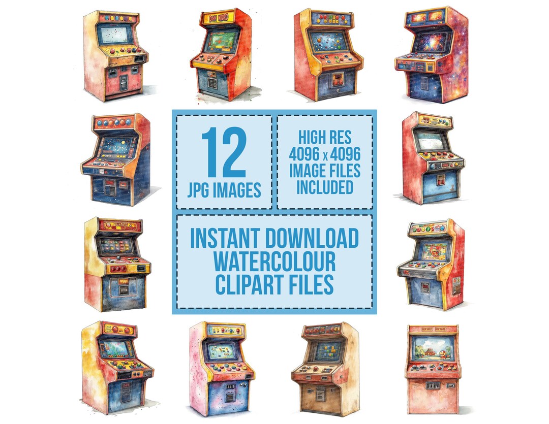 Vintage Arcade Machine Clipart, Retro Gaming Watercolor, Printable ...