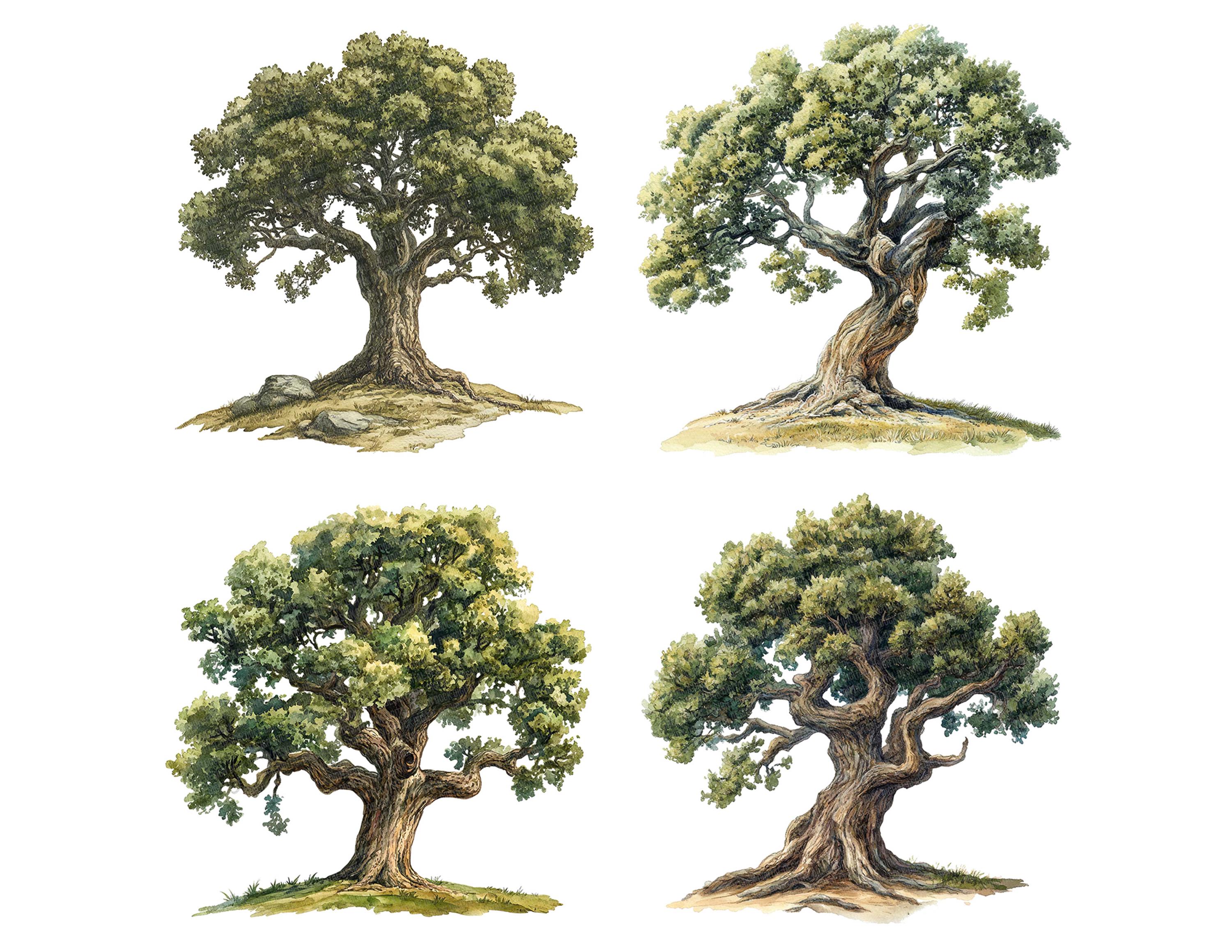 Old Oak Tree PNG Clipart, 12x Watercolor Tree Clip Art Set, Printable ...