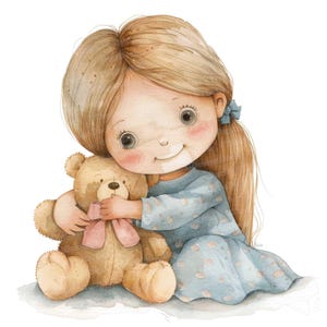 12 Girl With Teddy Bear Clipart, Watercolor Children Clipart, Printable ...