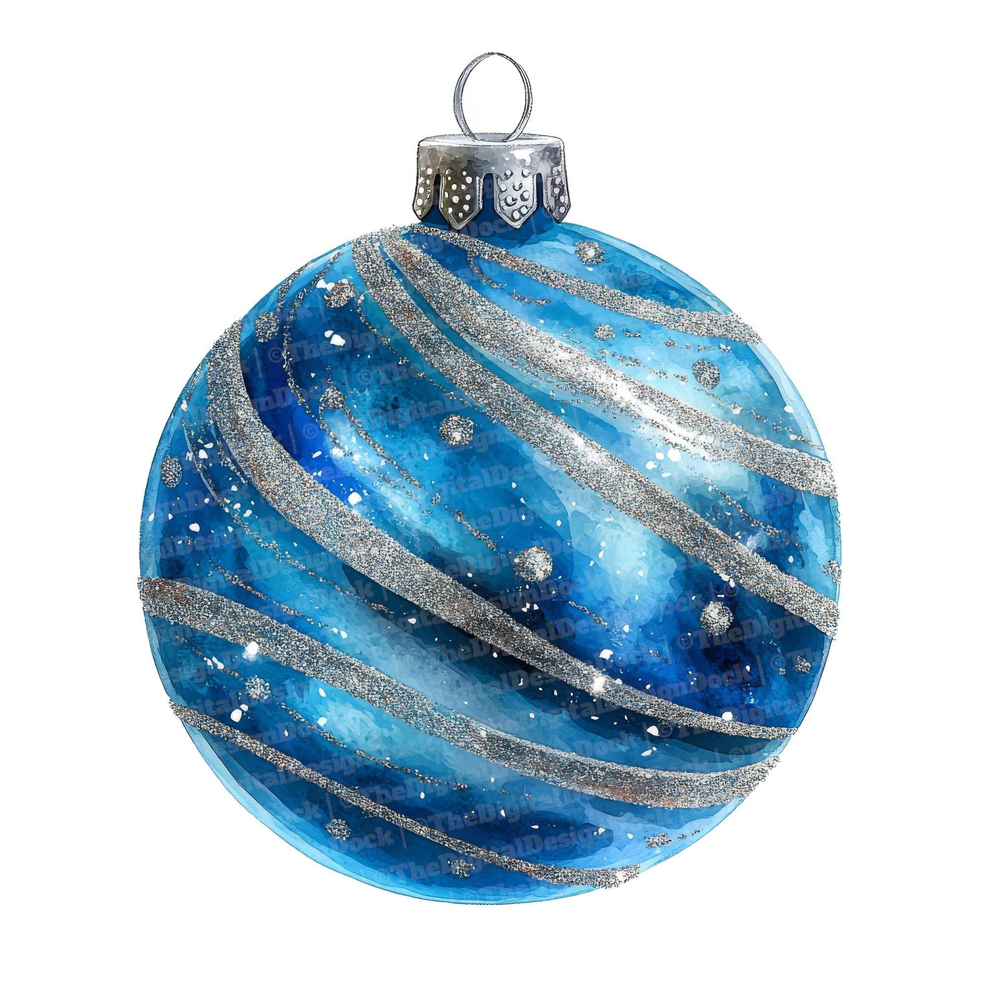 12x Watercolor Christmas Bauble Clipart, Blue and Silver Ornament Art ...