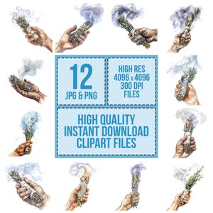 12x Smudge Stick Clipart, Hand Holding Sage Bundle, Watercolor Clip Art ...