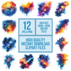 Galaxy PNG Clipart, 12x Watercolor Celestial Space Clip Art Set ...