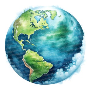 Earth Map Clipart, 12 Jpgs, Planet Earth Watercolor Clipart, Printable ...