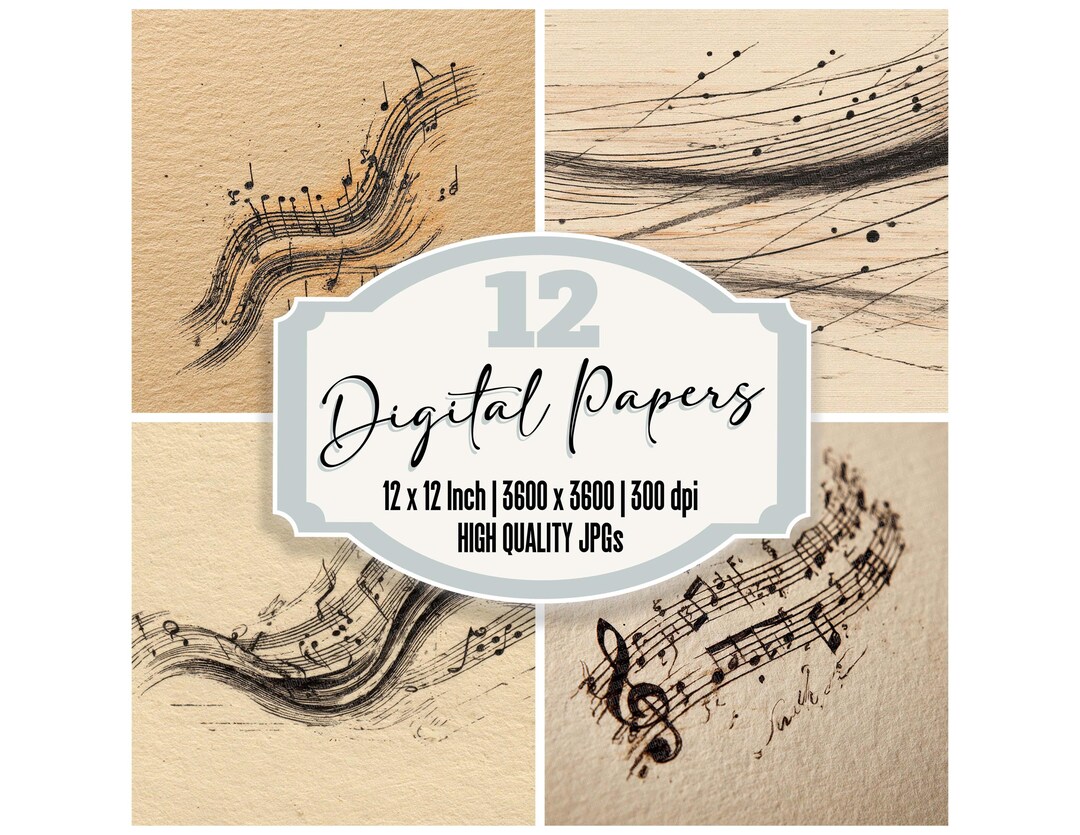 12x Music Staff Junk Journal Paper Vintage Sheet Music Digital Paper ...