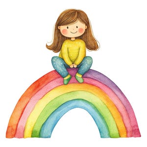 Watercolor Girl on Rainbow PNG Clip Art, 12x Colorful Kids ...