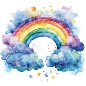 12x Rainbow and Clouds Clipart, Watercolor Stars and Rainbow, Printable ...