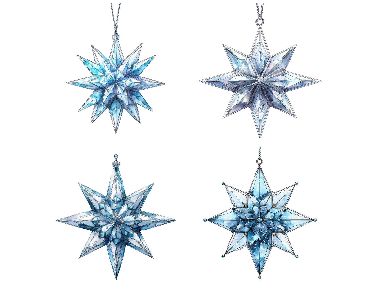Watercolor Star PNG Clipart, 12x Blue Crystal Star Clip Art Set ...
