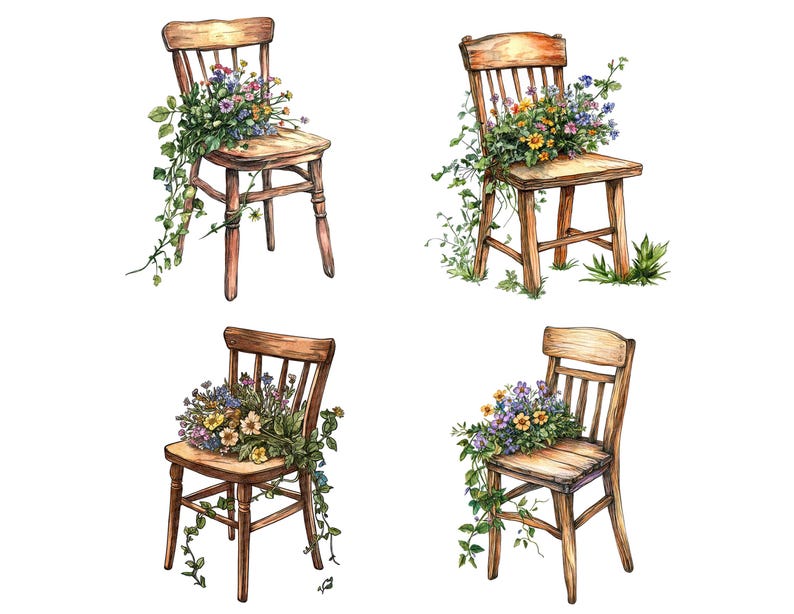 Chair PNG Clip Art, 12x Wildflower Bouquet Chair Clipart Set, Printable ...