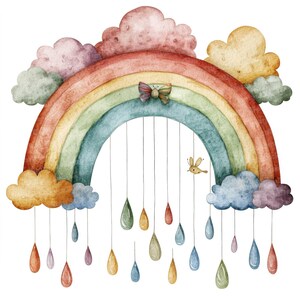 12x Watercolor Rainbow and Clouds Clipart, Hanging Raindrops ...