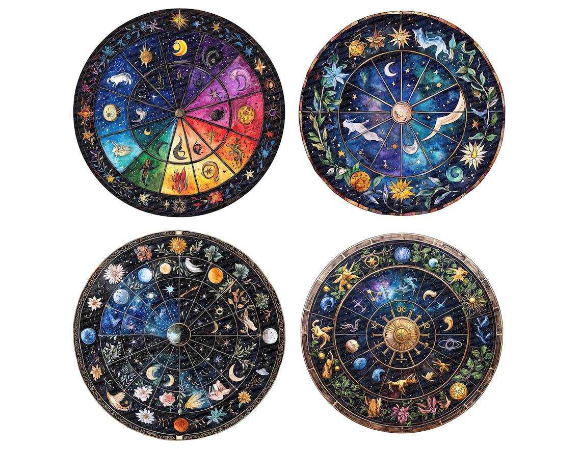 Zodiac Astrology Wheel Clipart, 12x Colorful Astrology Circle Clip Art ...