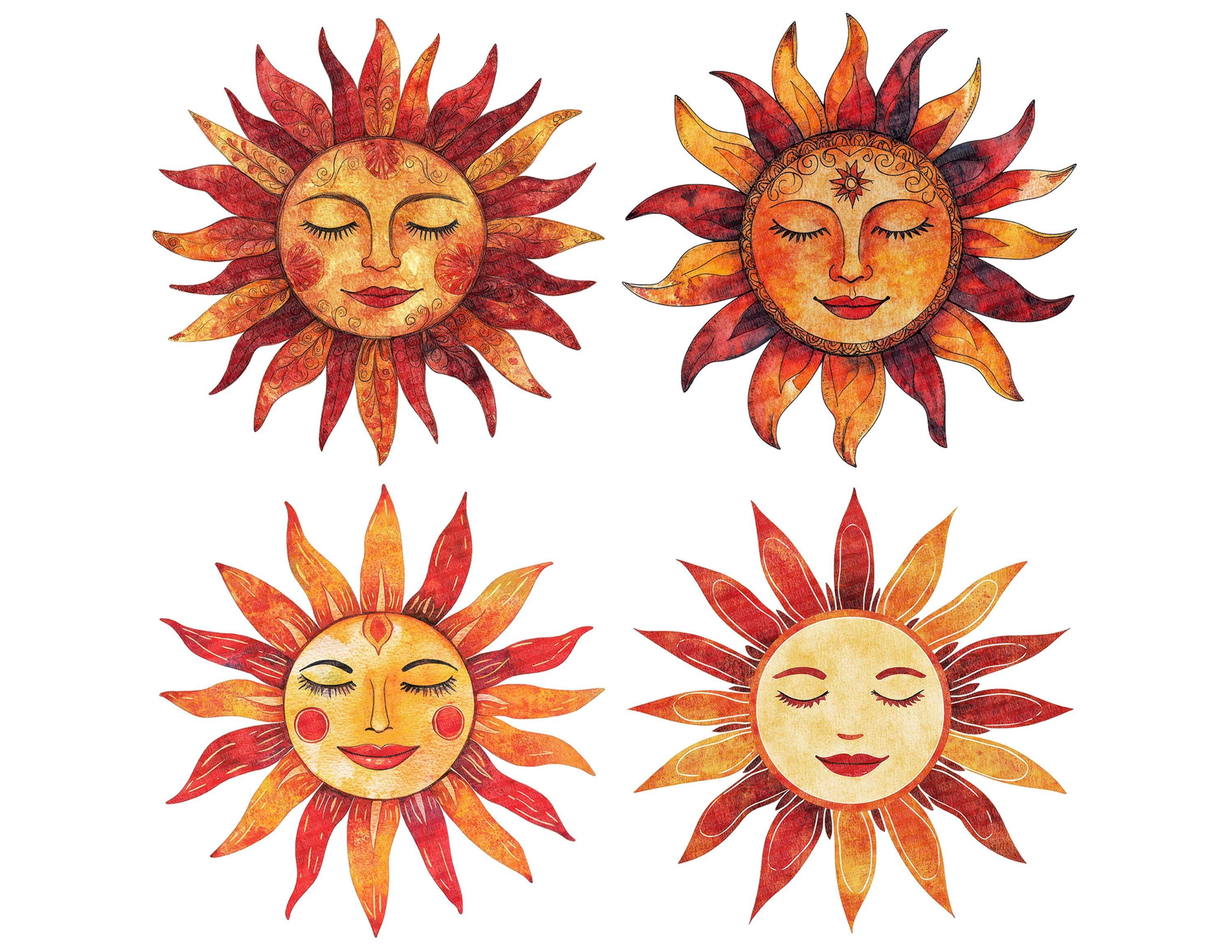 Folk Sun Face PNG Clipart, 12x Sun With Face Clip Art Set, Printable ...