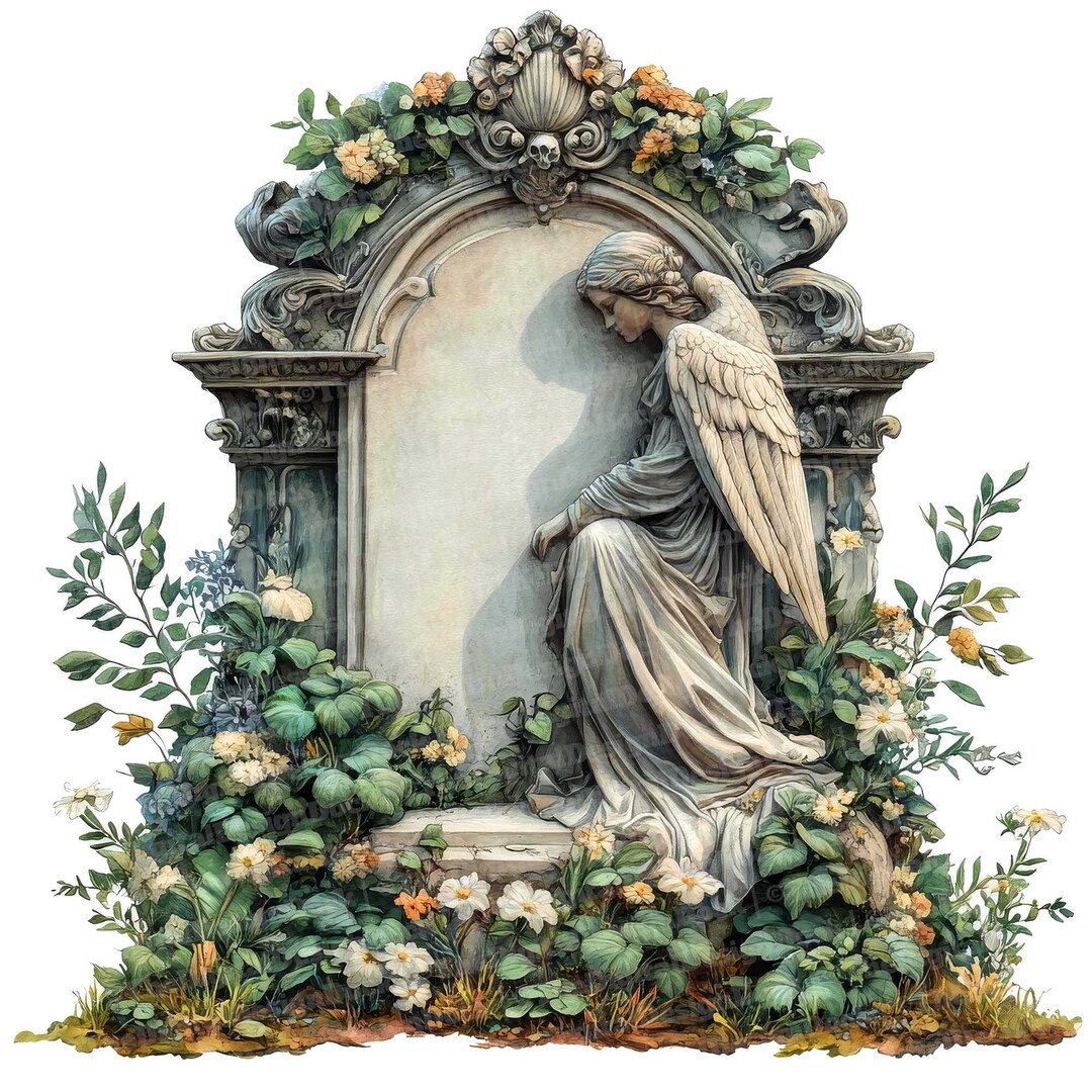 12 Angel Memorial Clipart, Floral Gravestone Clipart, Printable ...