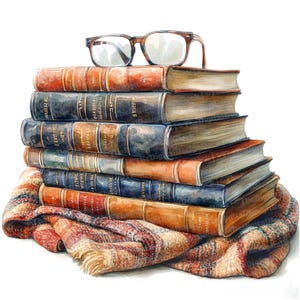 12 Vintage Books Clipart, Watercolor Stack of Books Illustration ...