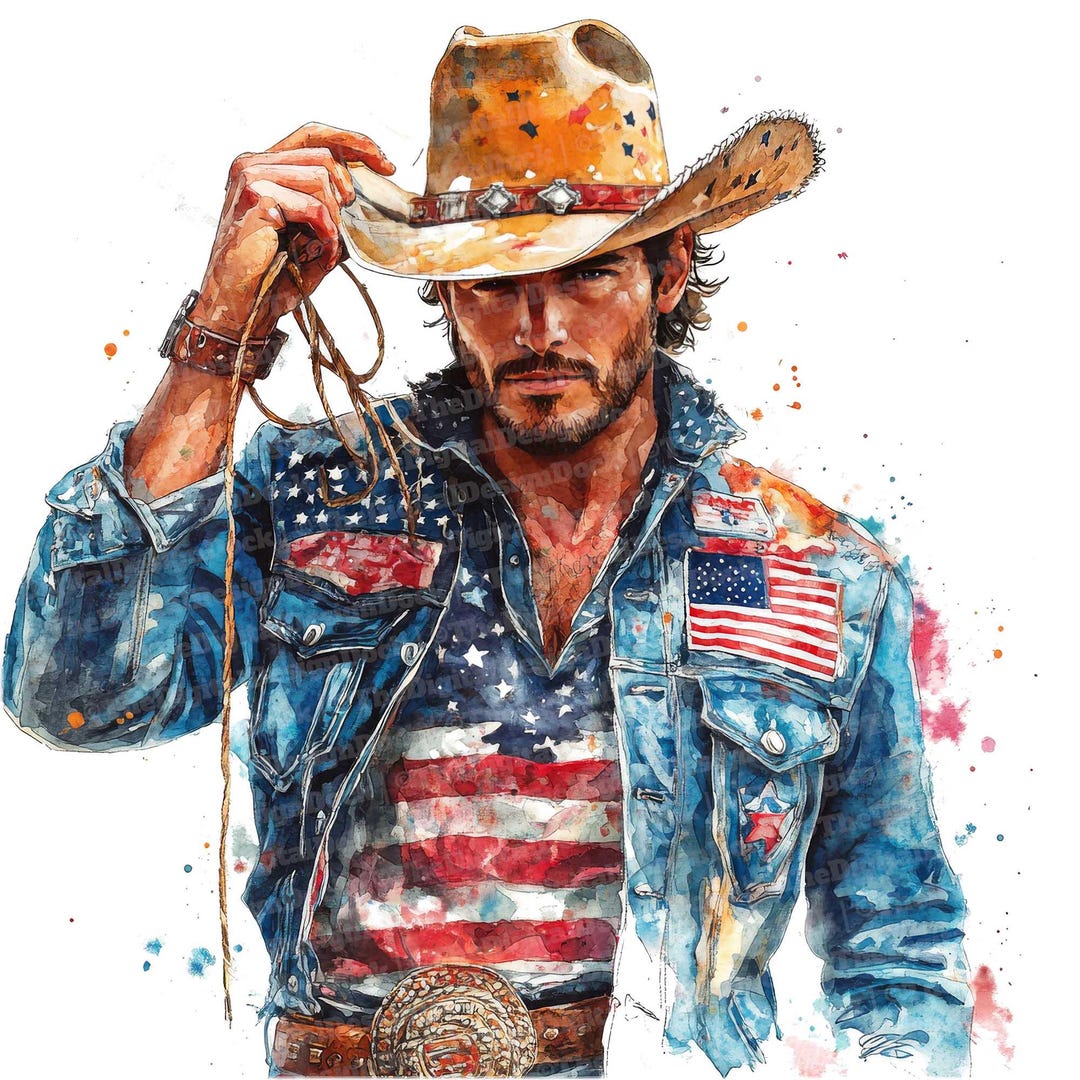 12 Patriotic Cowboy Clipart, American Flag Art, Printable Watercolor ...