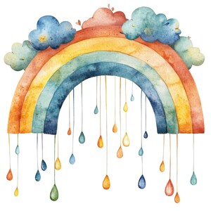 12x Watercolor Rainbow and Clouds Clipart, Hanging Raindrops ...