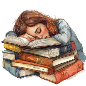 Sleeping Reader PNG Clipart, 12x Woman Asleep on Books Clip Art Set ...