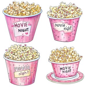 Popcorn PNG Clipart, 12x Watercolor Movie Night Clip Art Set, Printable ...