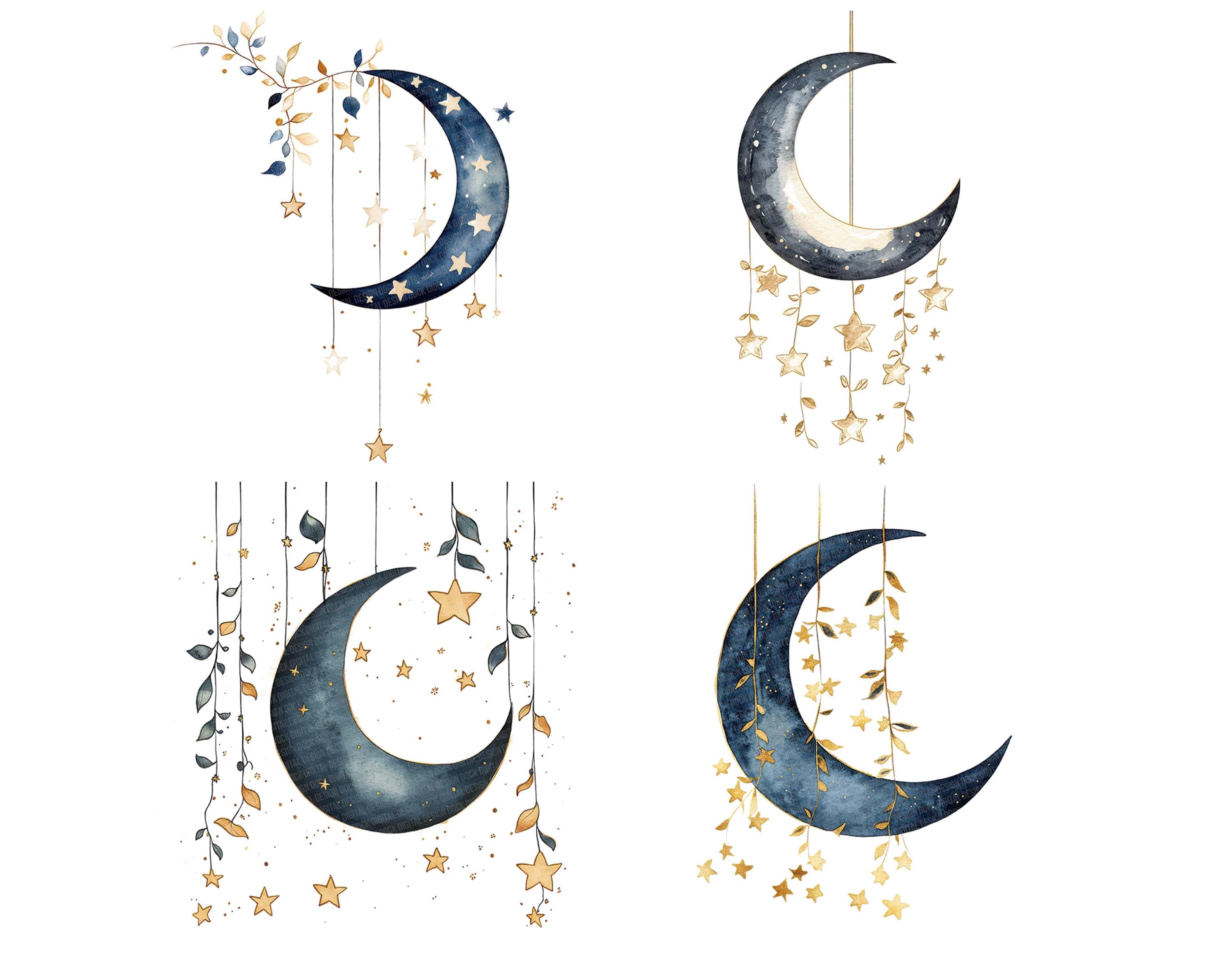 Moon and Stars PNG Clip Art, 12x Hanging Moon Clipart Set, Watercolor ...