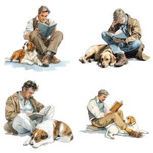 12x Man Reading With Dog PNG Clipart, Watercolor People and Pets Clip ...